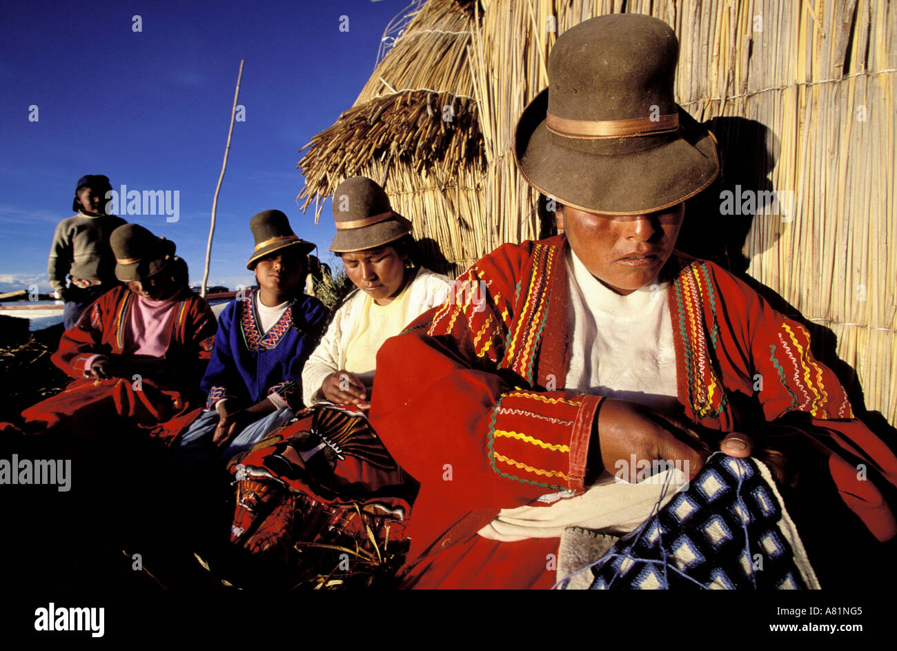 Peru, Puno Department, Lake Titicaca, Uros Indians living on floating ...