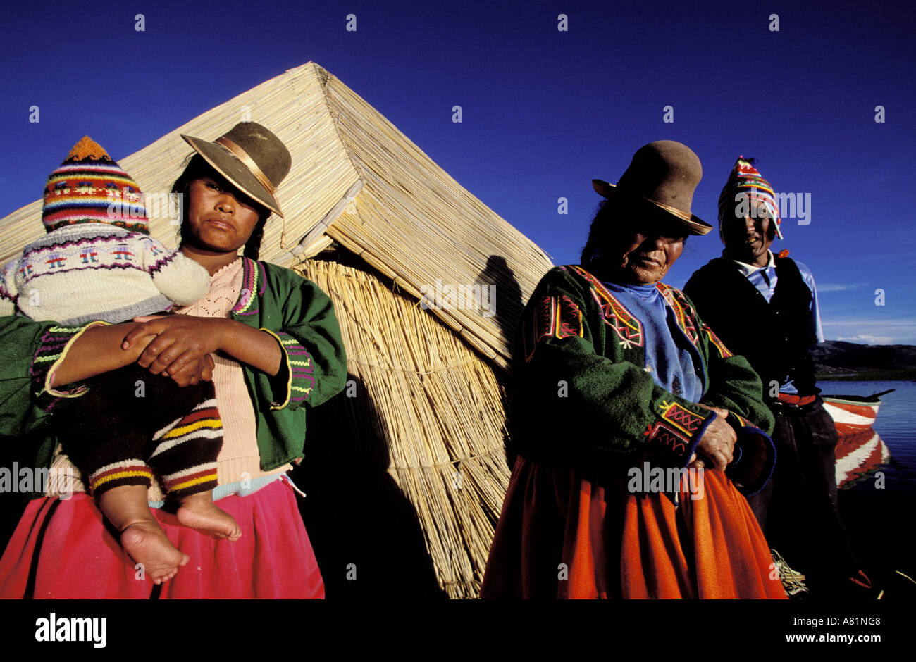 Peru, Puno Department, Lake Titicaca, Uros Indians living on floating ...