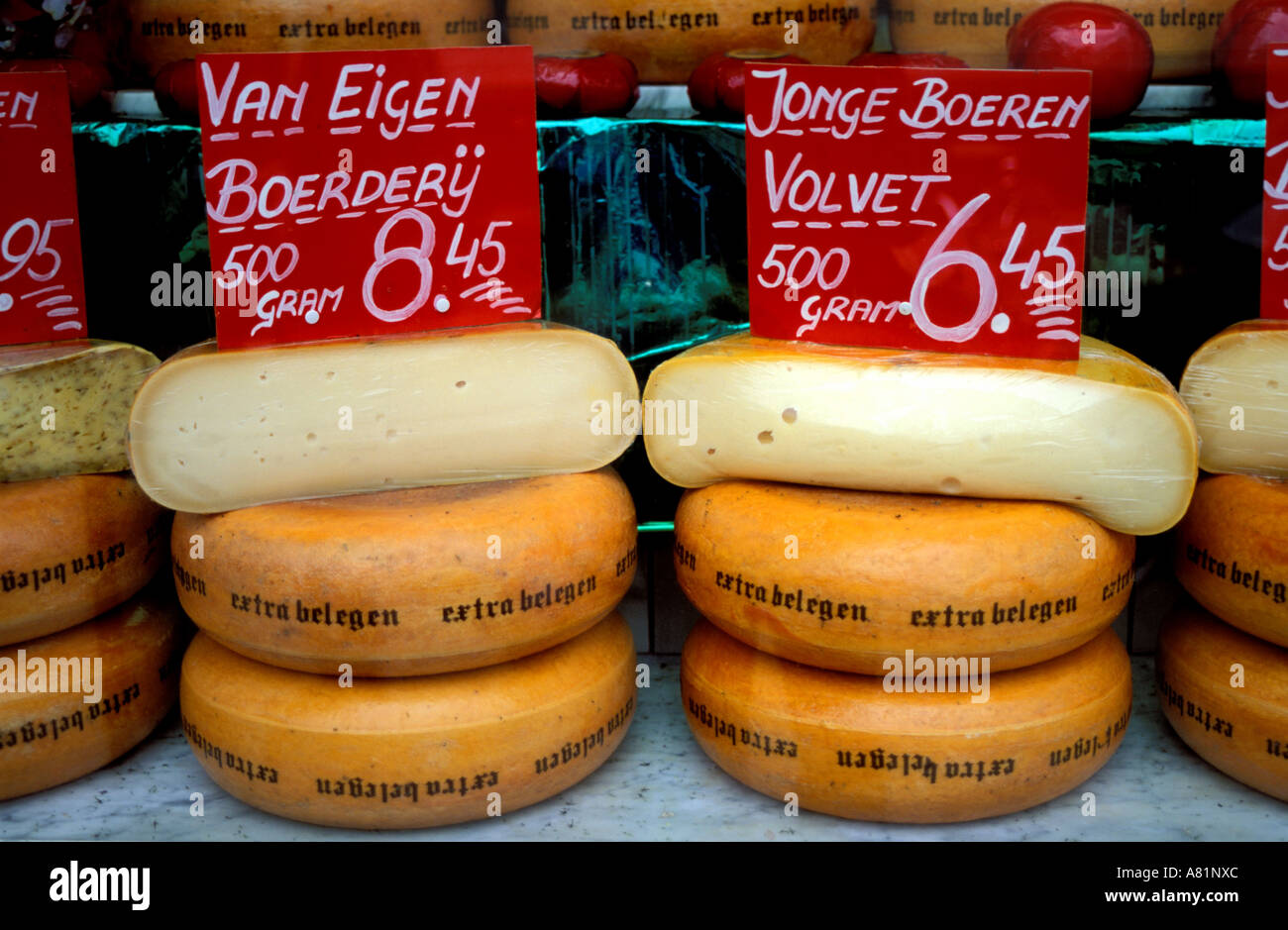 Netherlands, Northern Holland Province, Amsterdam, Holland cheeses in a ...