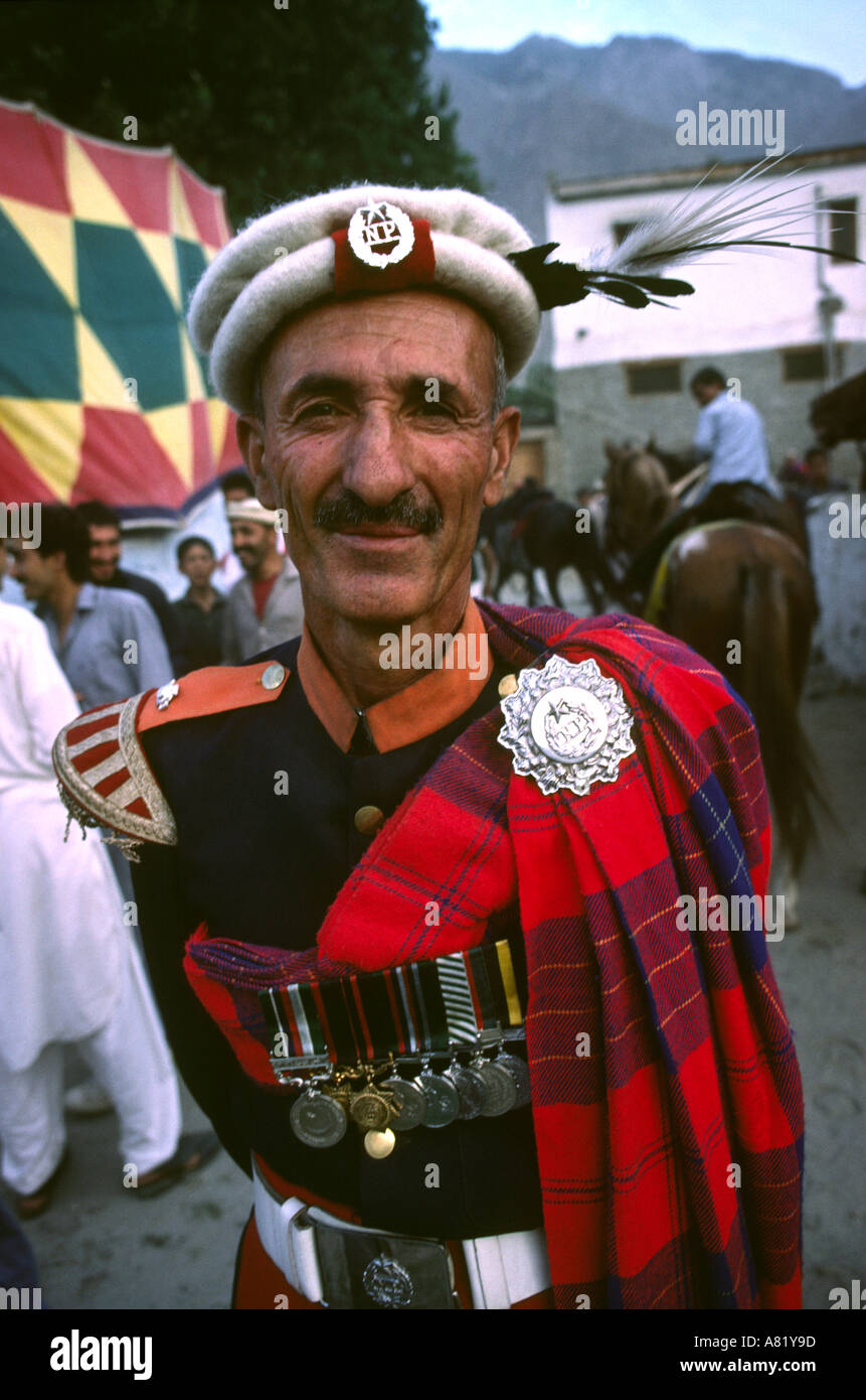 Pakistan Azad Kashmir Gilgit sport police bagpipe bandsman before polo ...