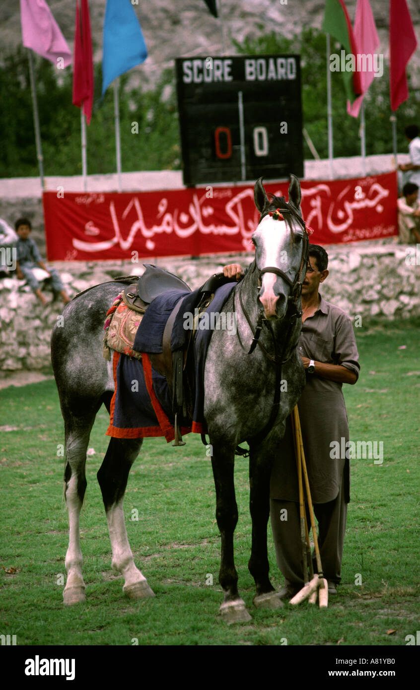 Pakistan Azad Kashmir Gilgit sport polo pony and scoreboard before game ...