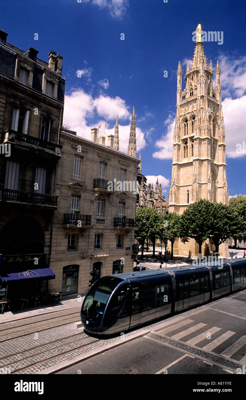 France, Gironde, Bordeaux, tramway at Pey Berland tower Stock Photo - Alamy