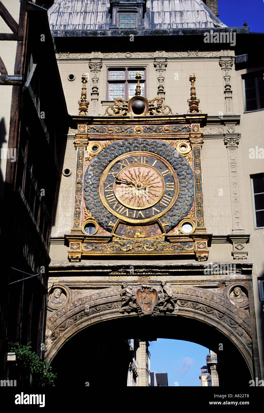 France, Seine Maritime, ROUEN, CLOCK IN the GROS HORLOGE STREET Stock ...