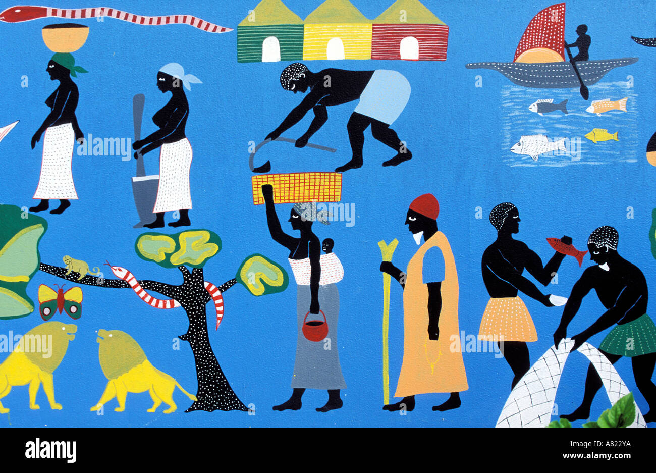 Senegal, wall paintings about daily life in Casamance Stock Photo - Alamy