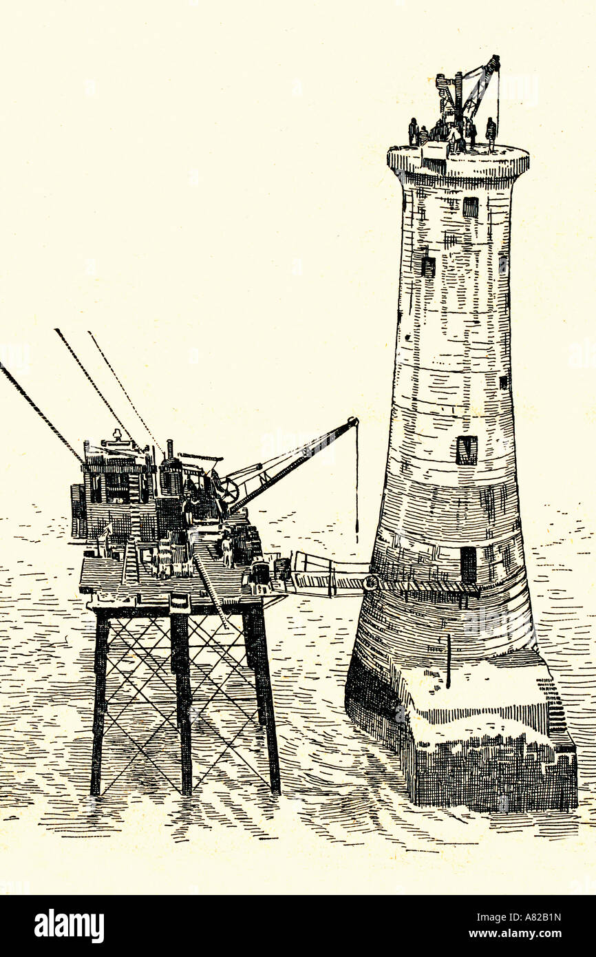 Lighthouse construction into ocean. Antique illustration. 1933 Stock ...