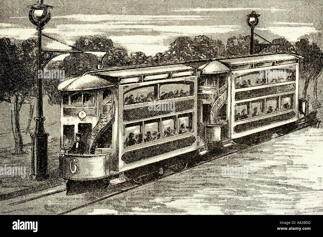 Electric tram system Bochet. Antique illustration. 1900 Stock Photo - Alamy