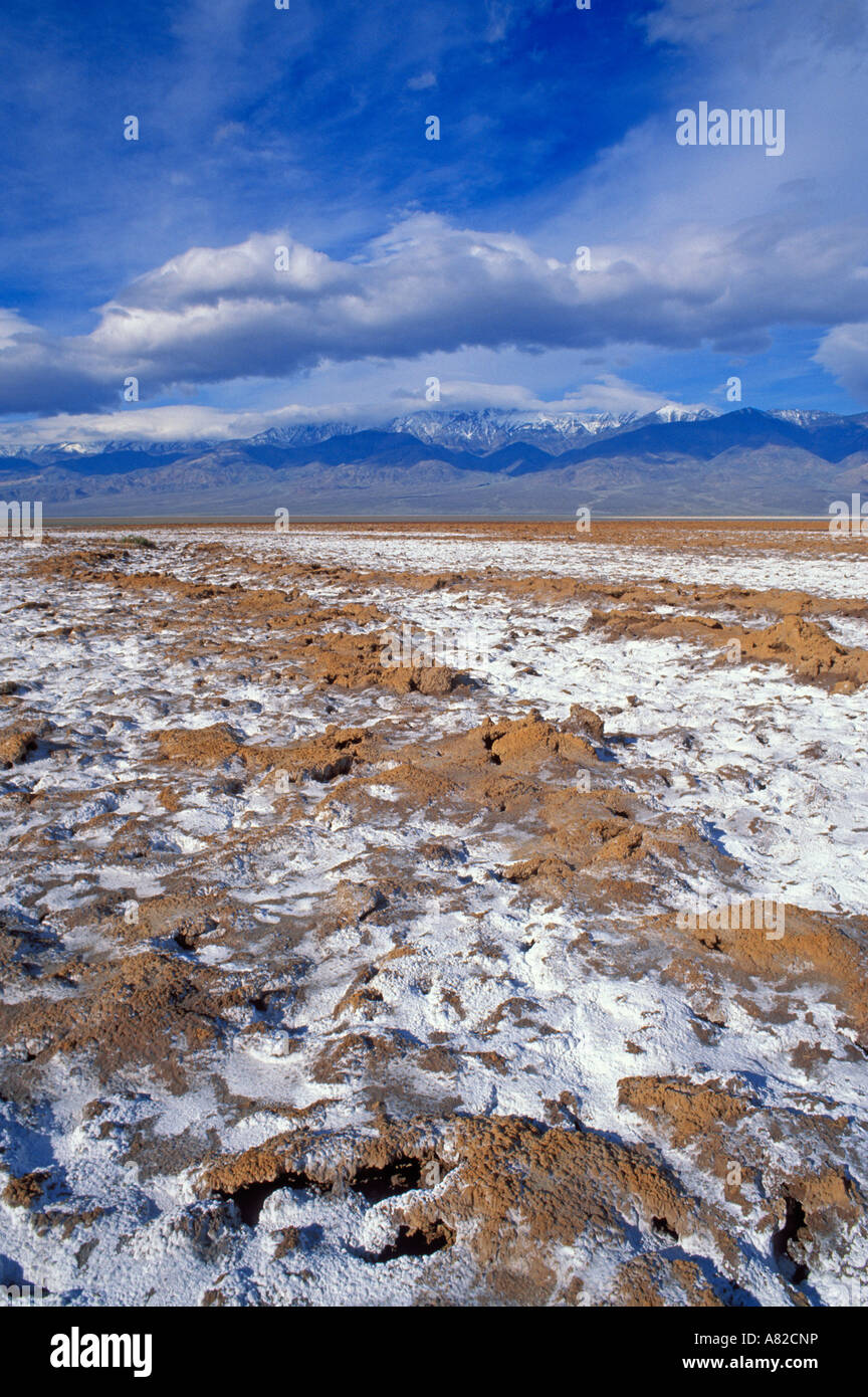 Salt pan under snow covered Telescope Peak Death Valley National Park ...