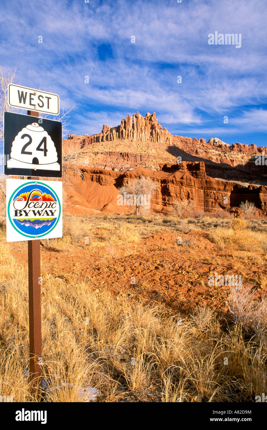 Morning light on The Castle and Highway 24 Scenic Byway road sign ...