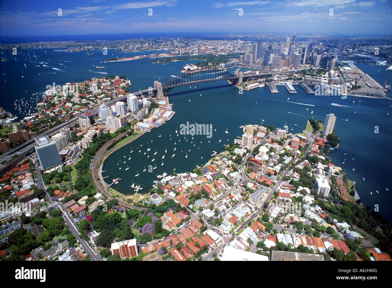 Aerial view of Sydney with Harbour Bridge and Opera House from above ...