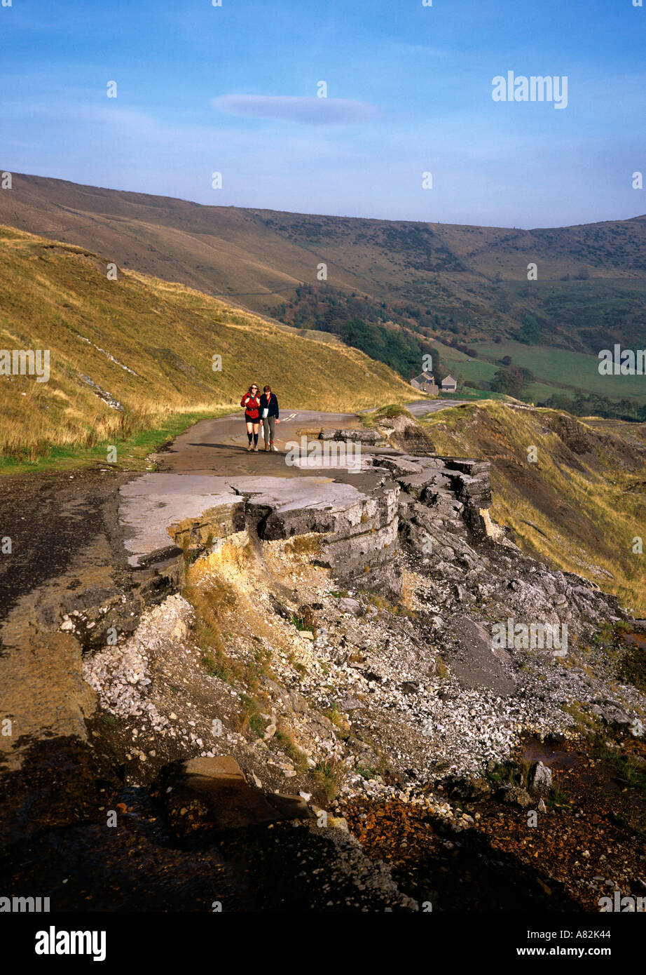England Derbyshire Castleton Mam Tor subsidence on the A625 road Stock ...