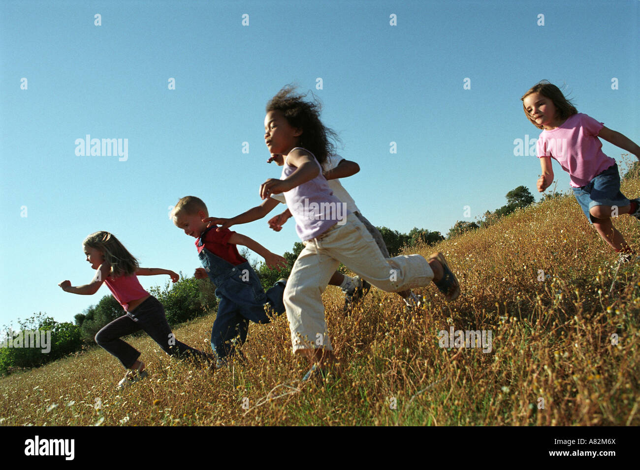 Five children running in a field Stock Photo - Alamy