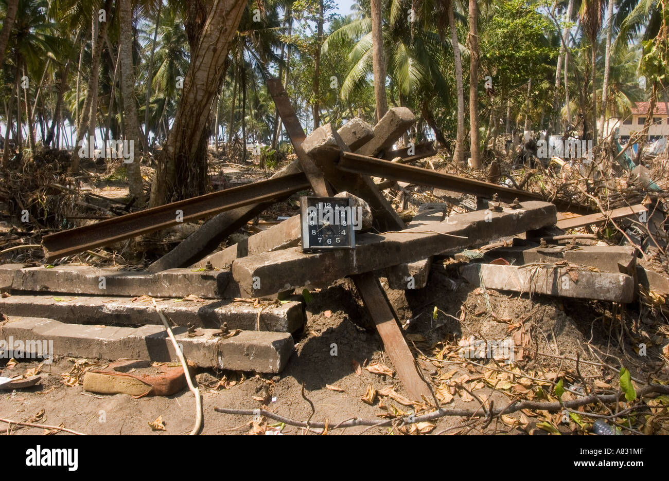 Clock in area devasted by asian tsunami, Telwatta near Galle, Sri Lanka ...