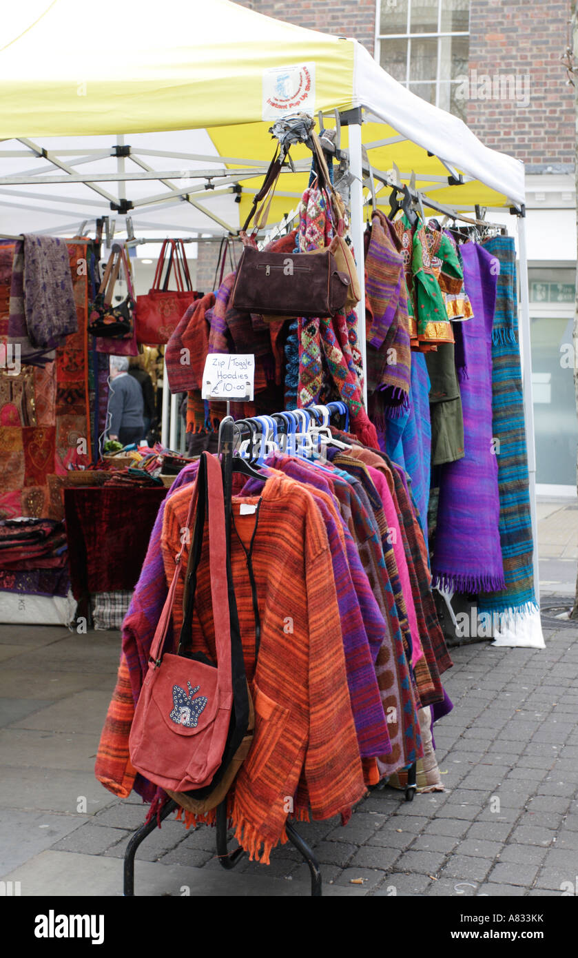 Display of hand woven clothes at a fair trade market in York, England ...