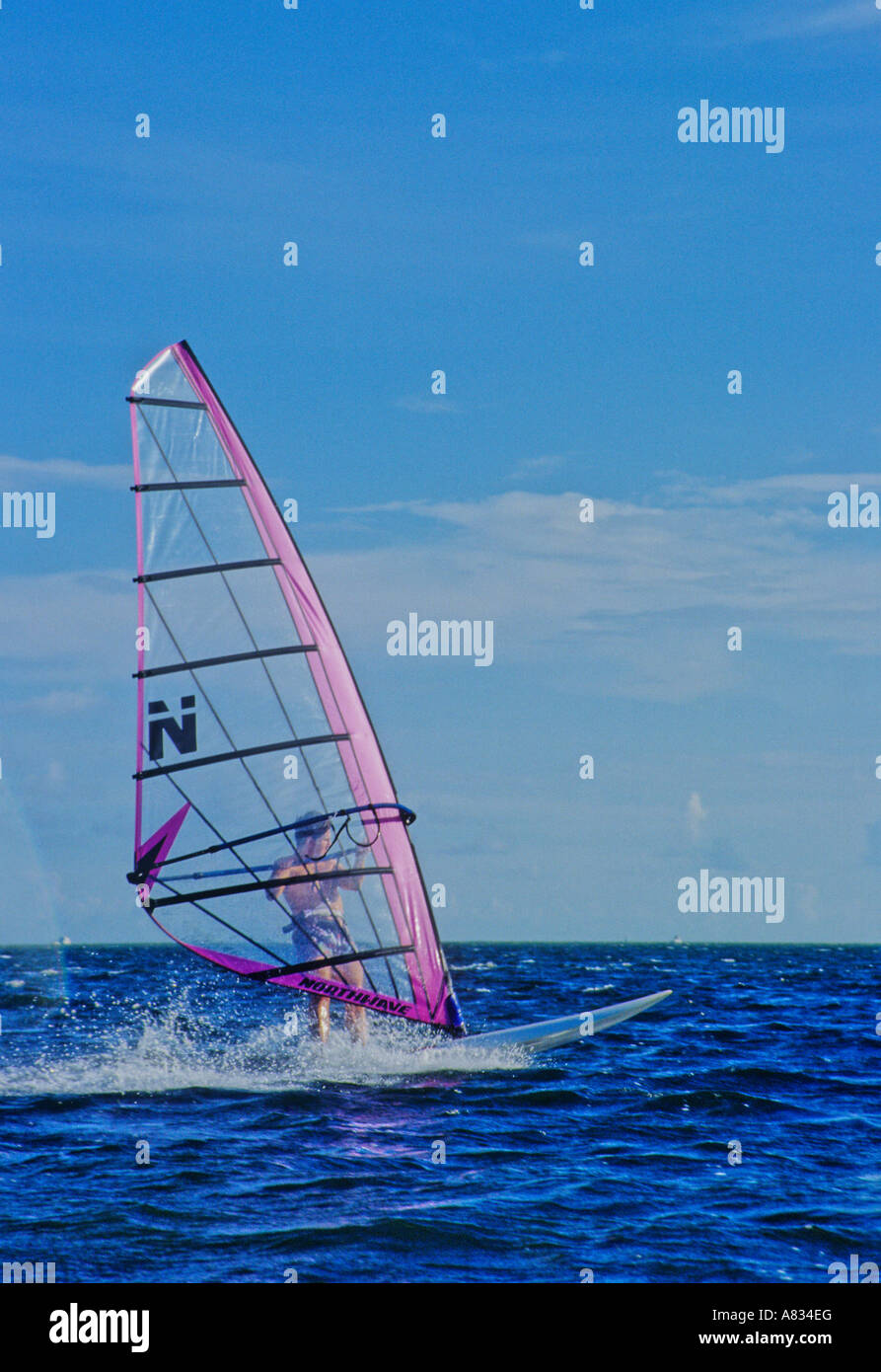A beautiful pink windsurfer skimming across incredibly blue Caribbean ...