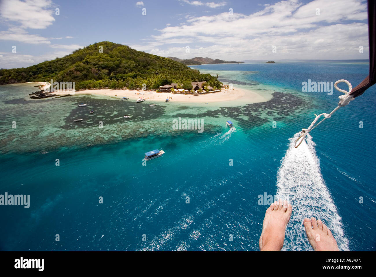 An aerial view of the reef off Castaway Island in the Mamanuca Region ...