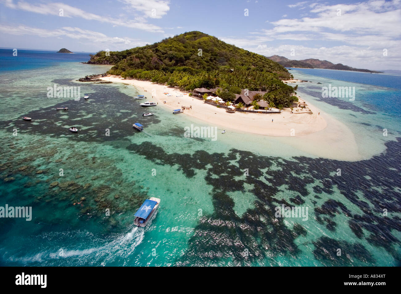 An aerial view of the reef off Castaway Island in the Mamanuca Region ...
