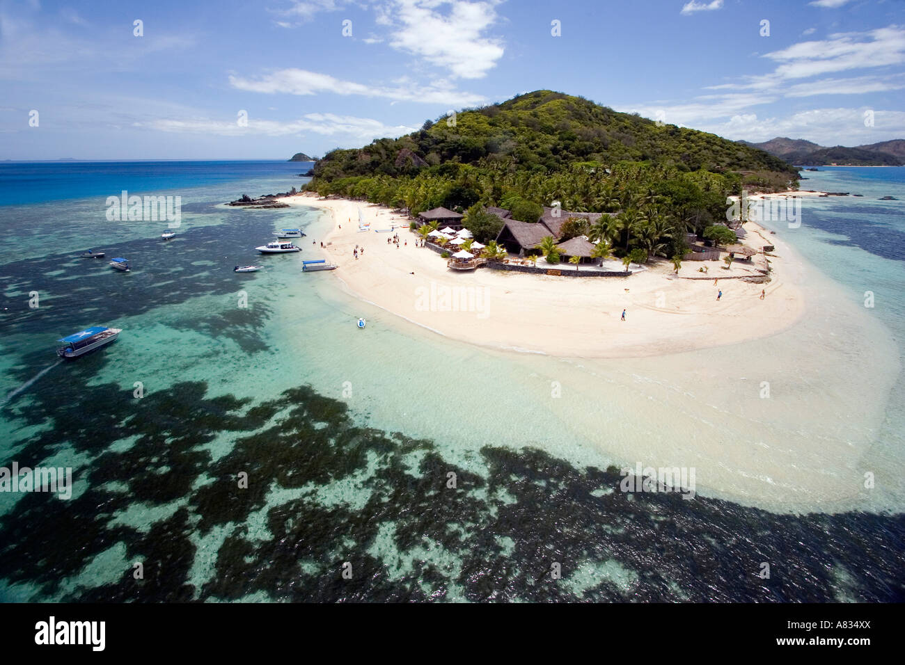 An aerial view of the reef off Castaway Island in the Mamanuca Region ...