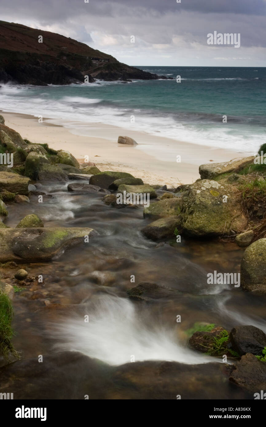 Looking down river onto the beach at Portheras Cove near Pendeen ...