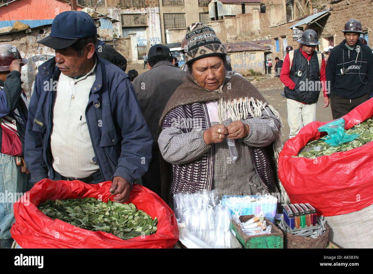 Alcohol & Coca Leaves vendor in Siglo XX, Potosi, Bolivia Stock Photo ...