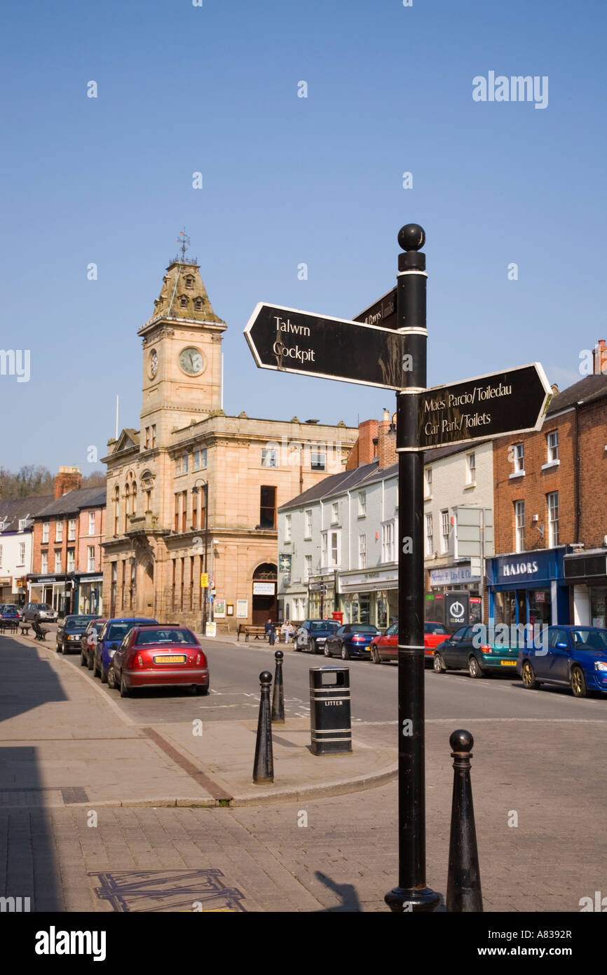 Welshpool Powys Mid Wales UK. Tourist signpost and town hall 1874 in ...