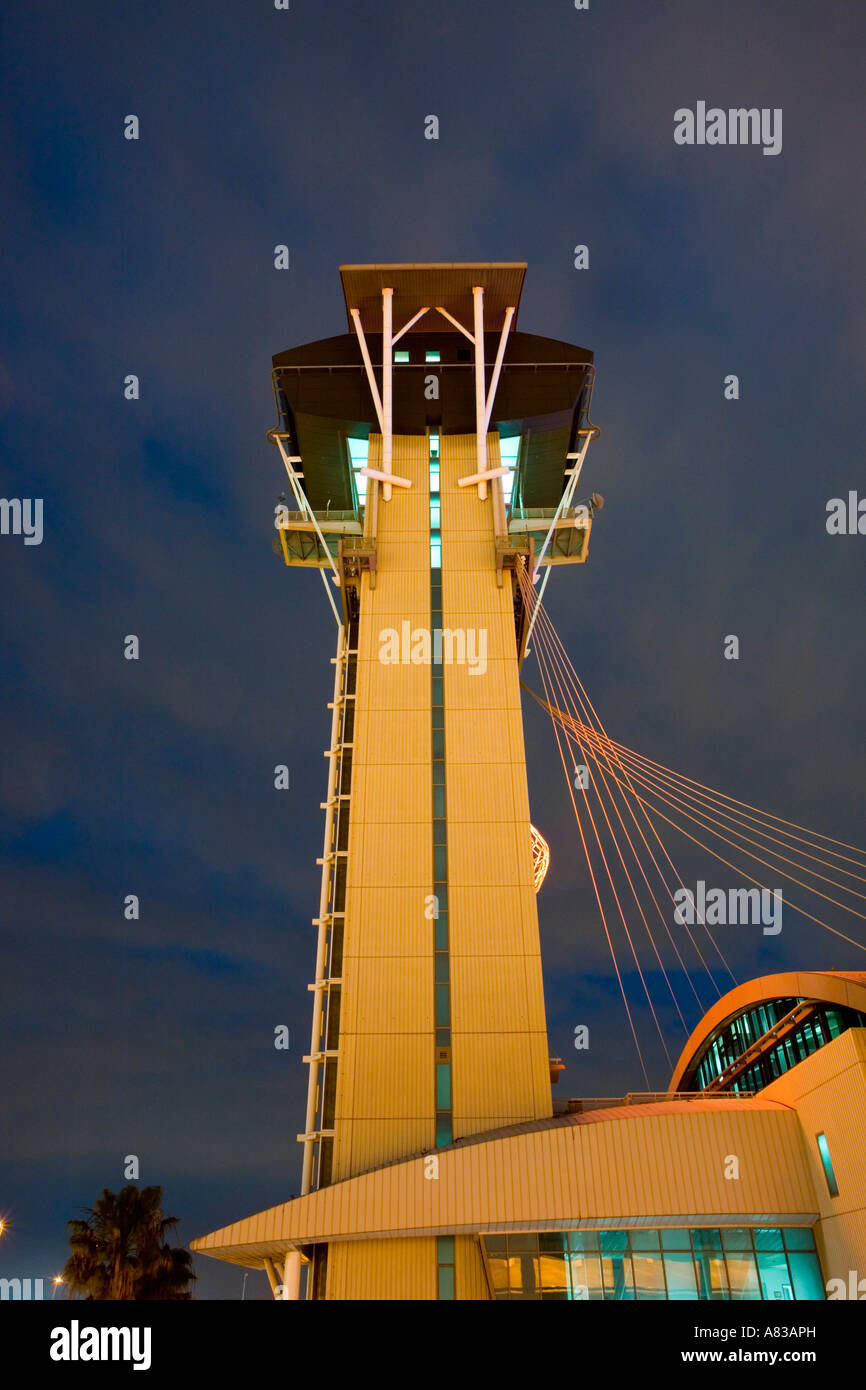The control tower at Los Angeles International Airport at night Stock ...
