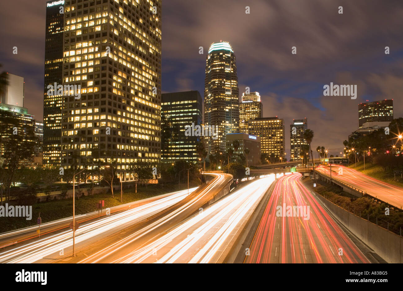 Harbor Freeway 110 Freeway Downtown buildings Los Angeles California ...