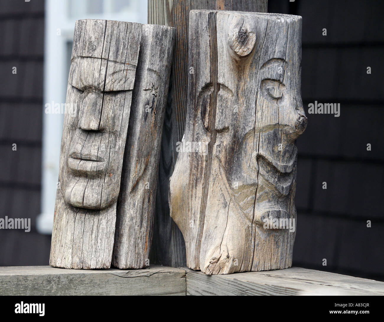Two logs with hand carved faces on them sitting on a backyard fence ...