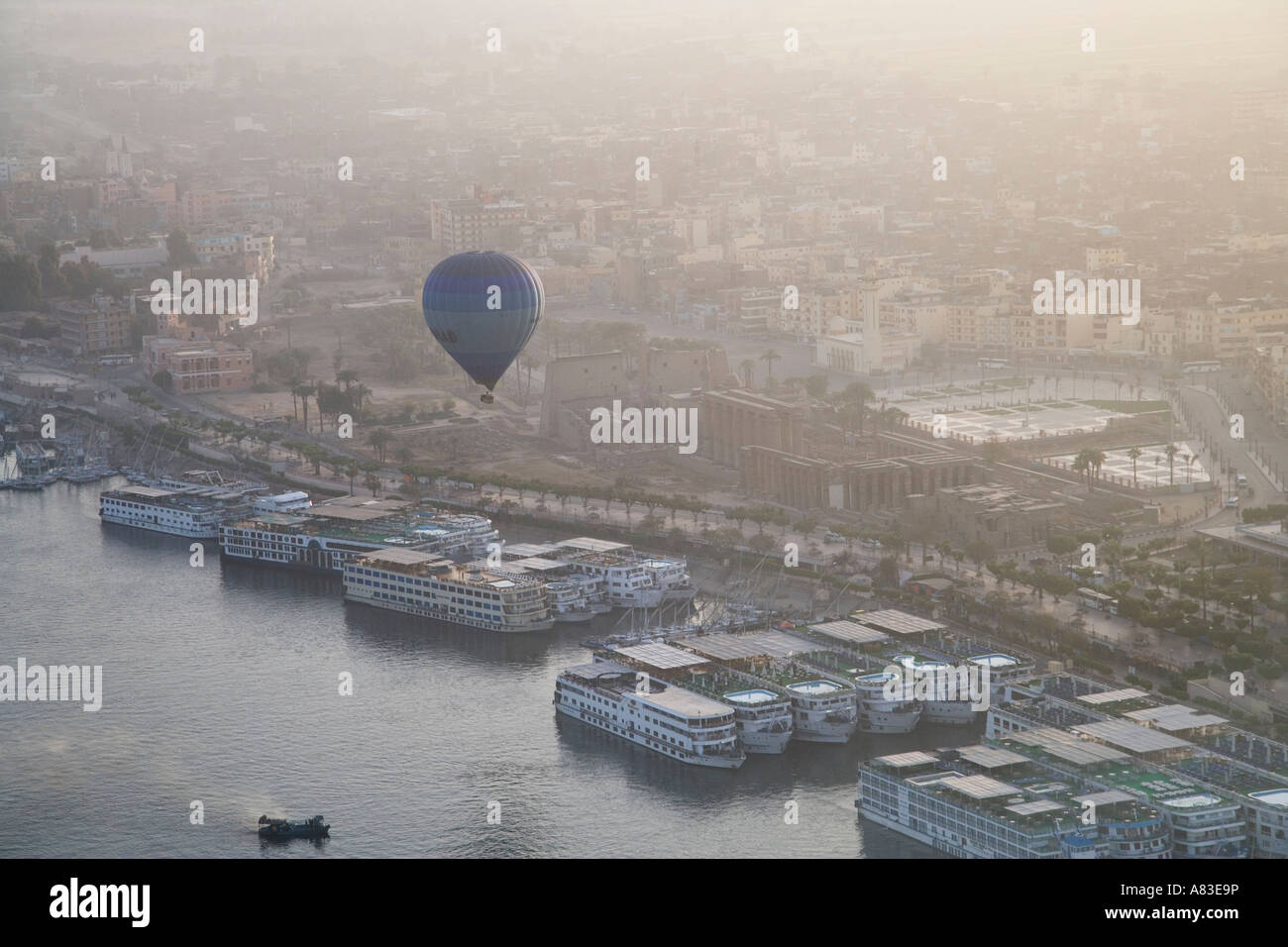 Aerial view of Luxor as a baloon floats over Luxor Temple,. Egypt Stock ...