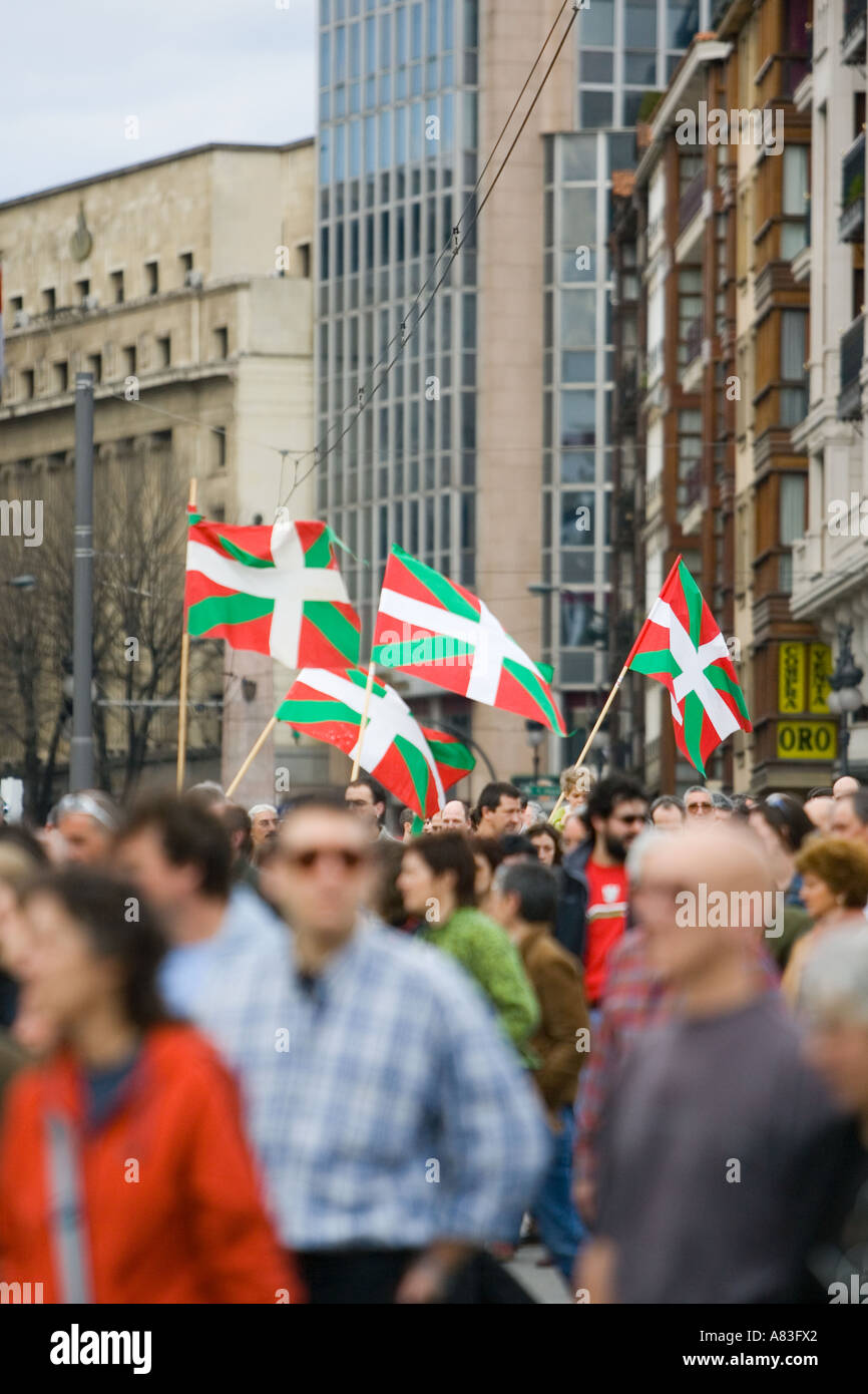 The Basque flag, the Ikurrina, is held aloft during a Basque ...
