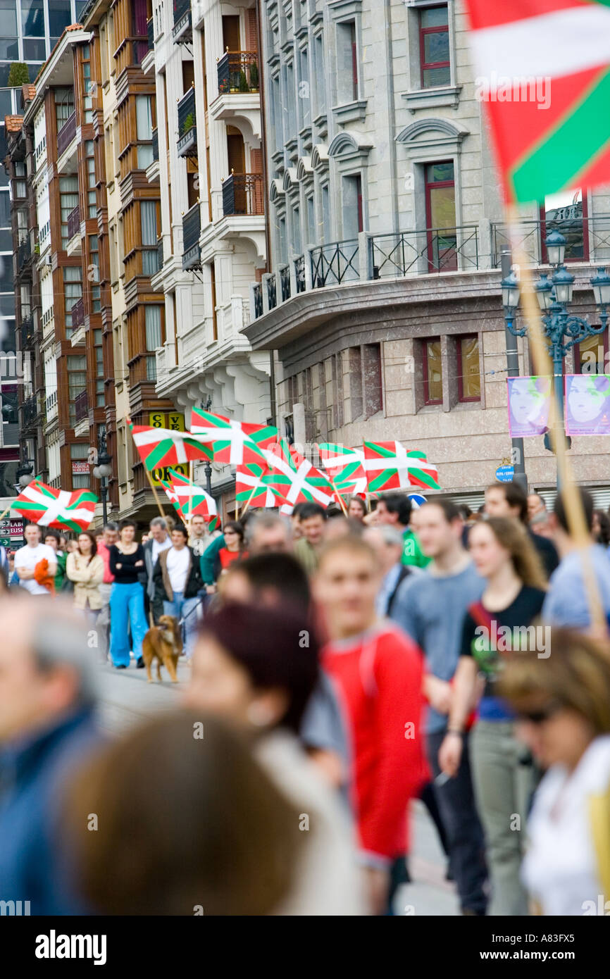 The Basque flag, the Ikurrina, is held aloft during a Basque ...