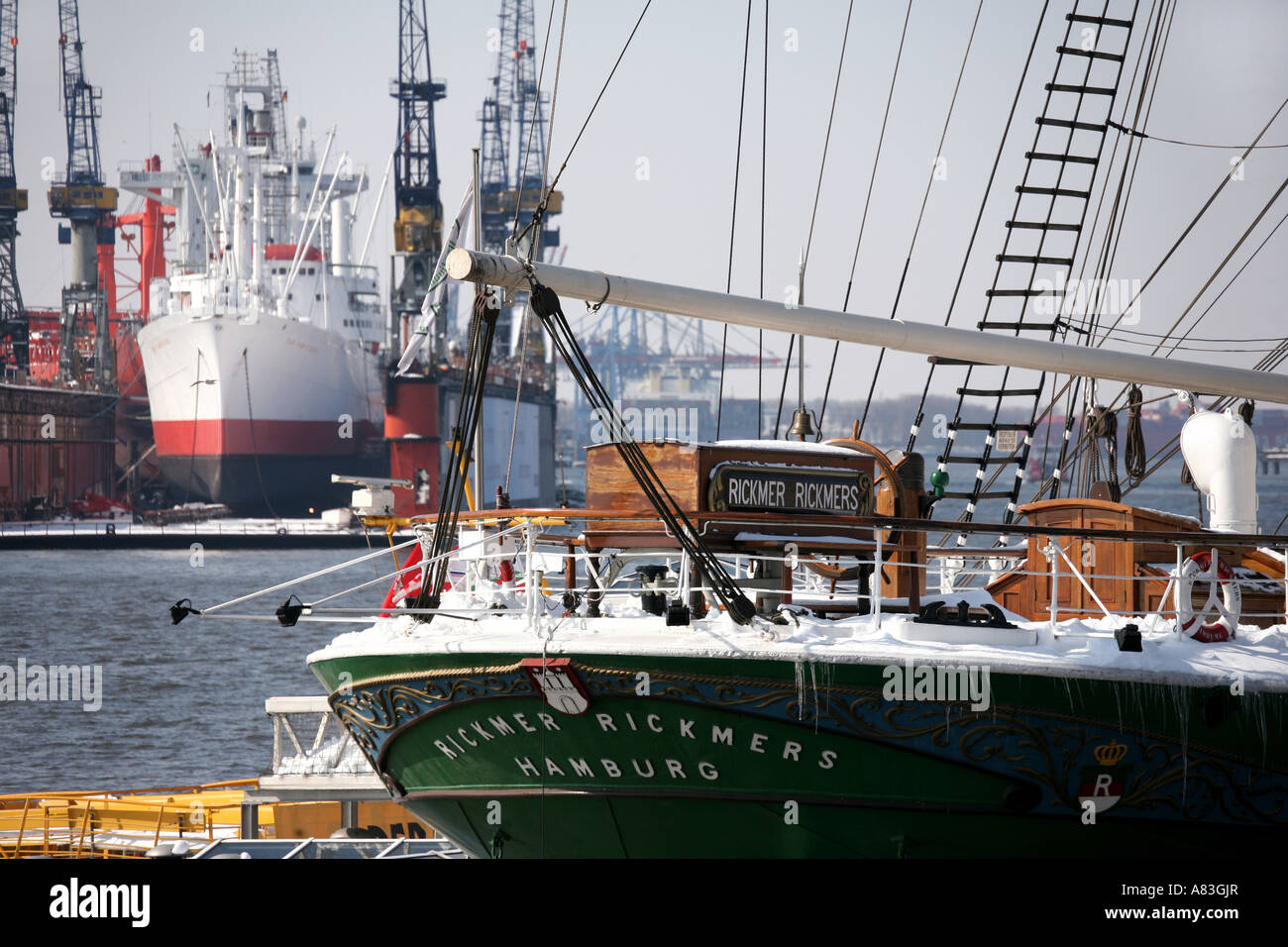 Museum sailing ship "Rickmer Rickmers" in the harbour of Hamburg ...