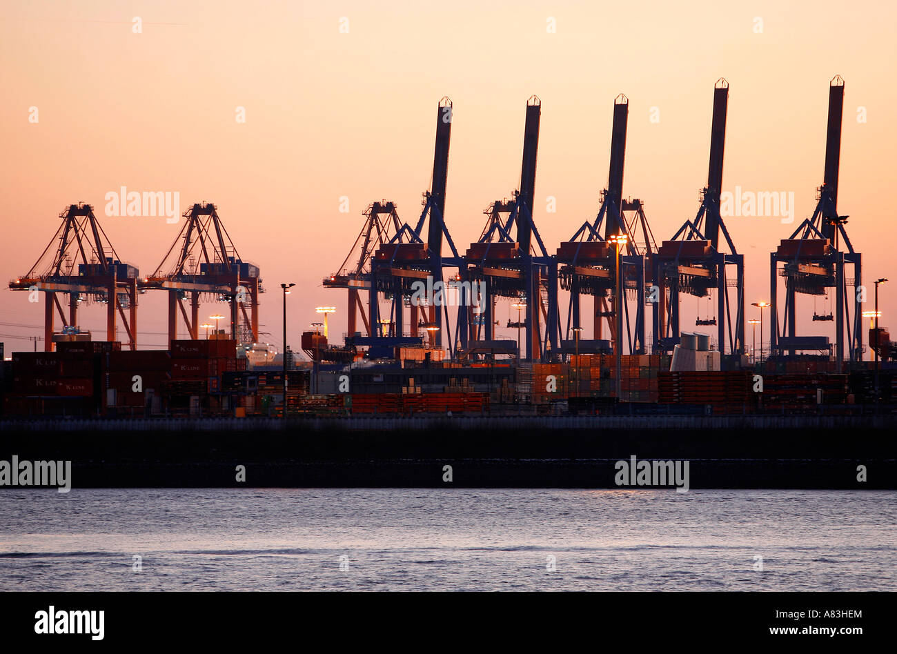 Container bridges at Waltershof container terminal, Hamburg, Germany ...