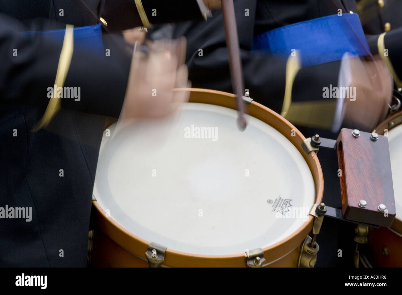 Band members playing drums in Plaza Arenal Bilbao Pais Vasco Basque ...