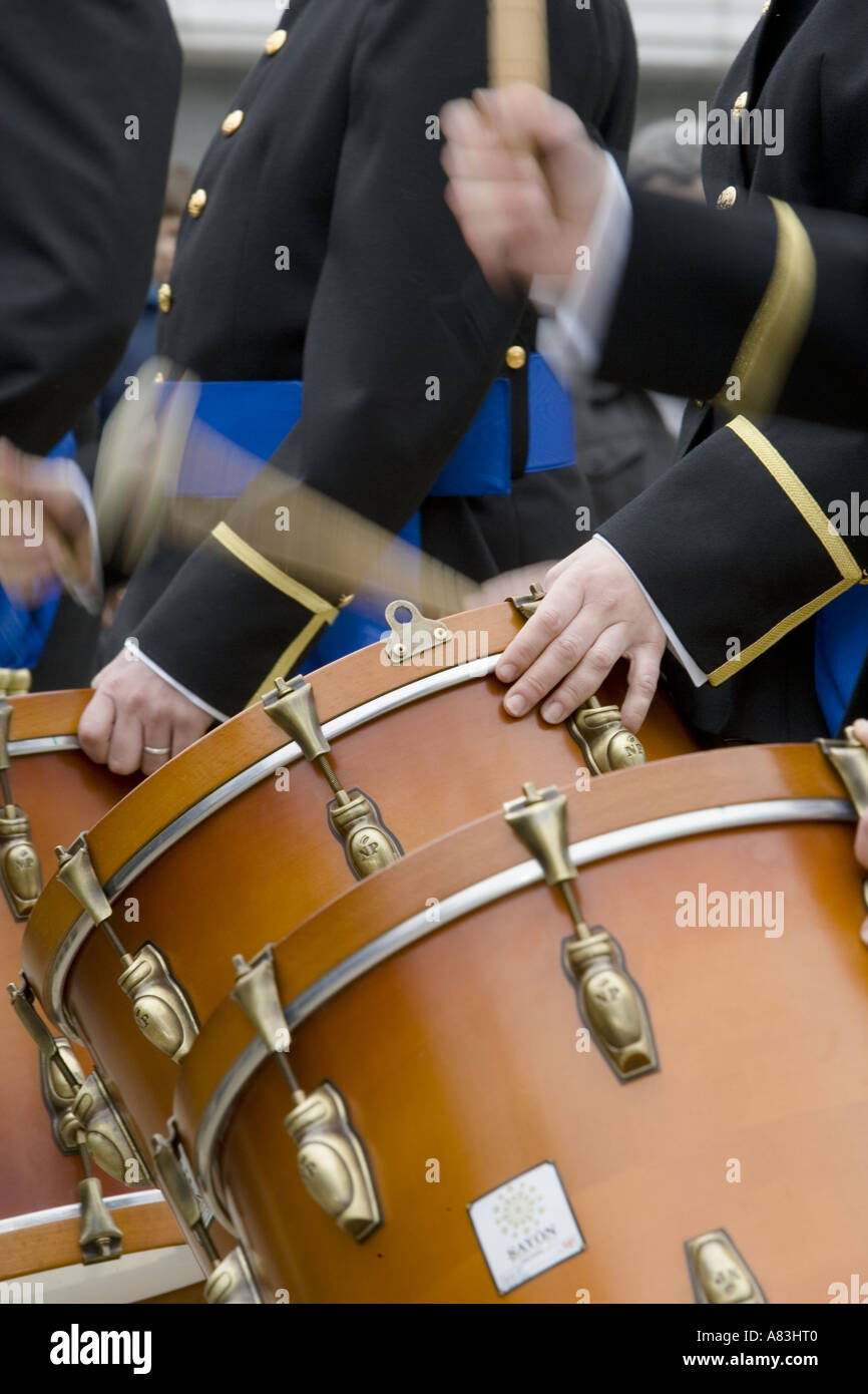 Band members playing drums in Plaza Arenal Bilbao Pais Vasco Basque ...
