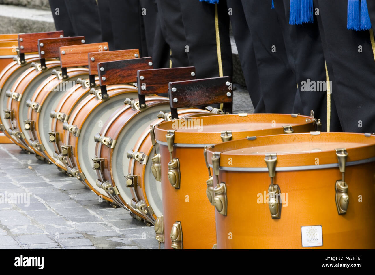 Drums of band members in Plaza Arenal Bilbao Pais Vasco Basque Country ...