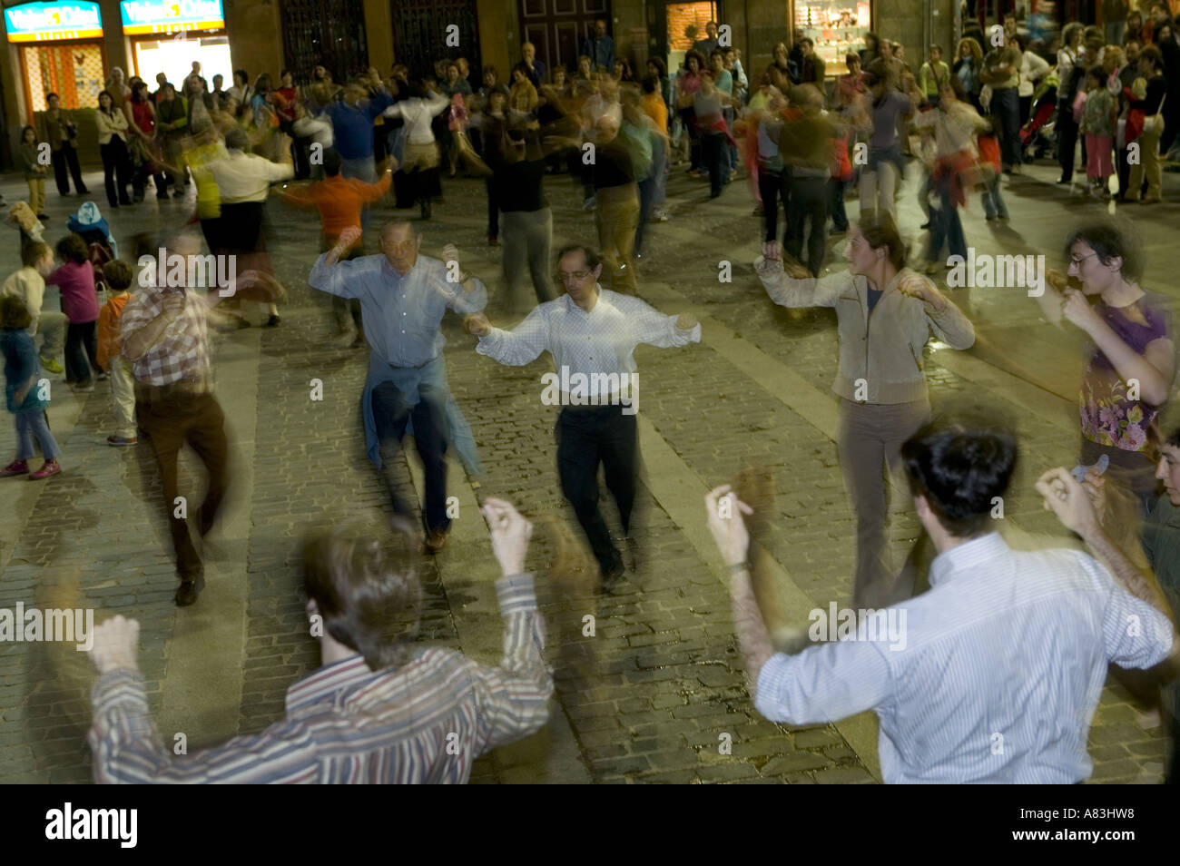 People perform Basque folk dances in the evening in Plaza Santiago ...