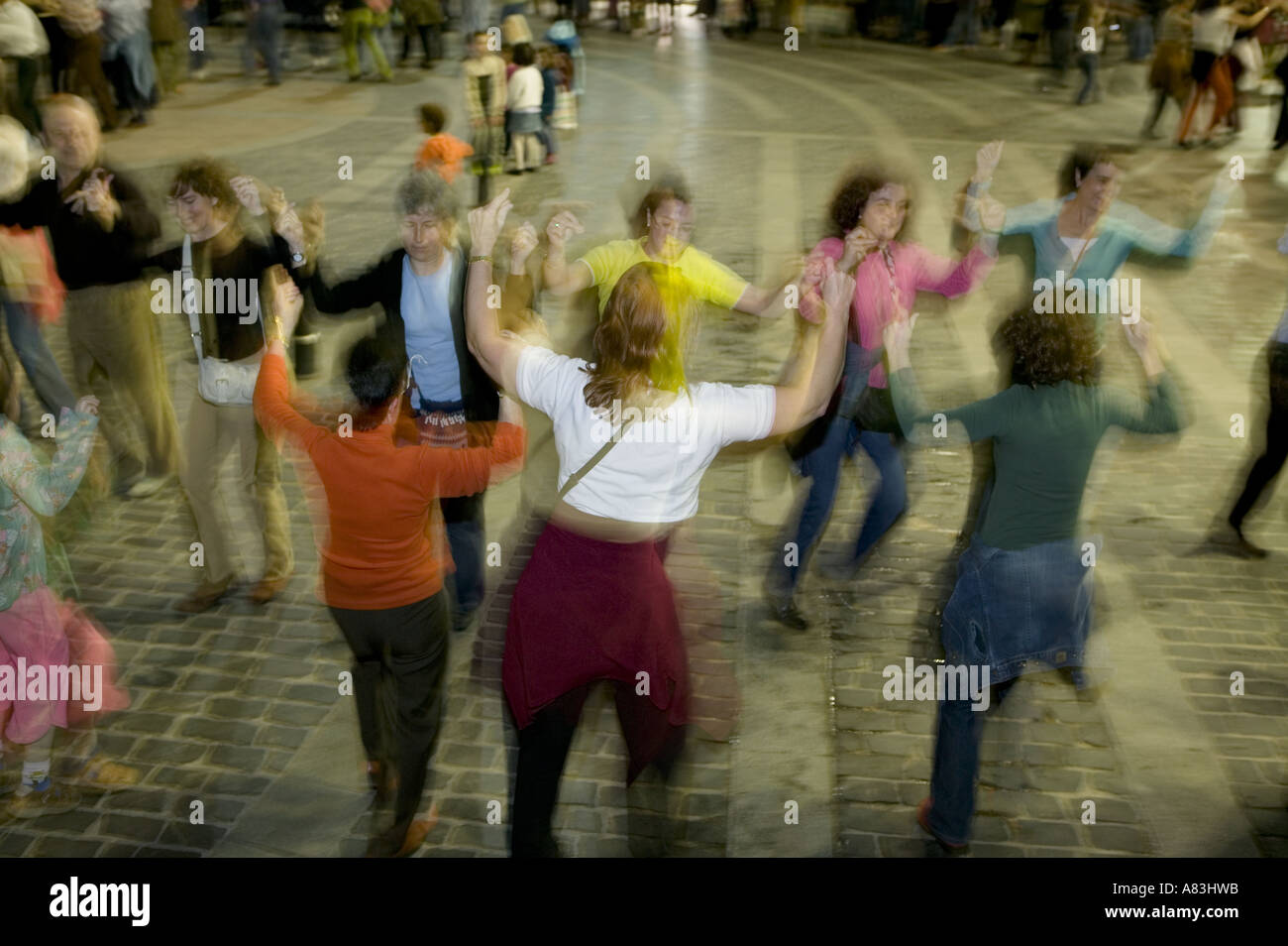 People perform Basque folk dances in the evening in Plaza Santiago ...