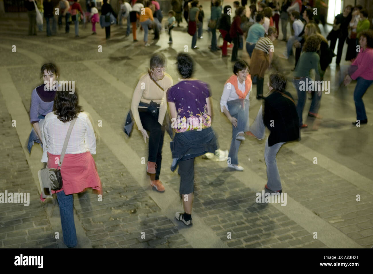 People perform Basque folk dances in the evening in Plaza Santiago ...
