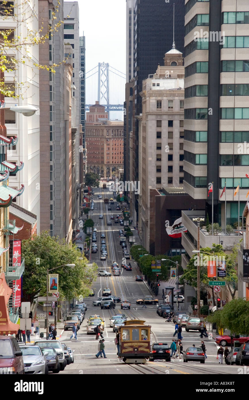 California Street scene with traffic and cable car in San Francisco ...