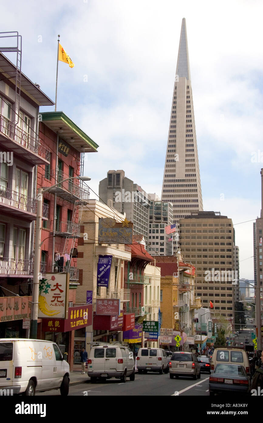 Street scene in Chinatown and a view of the Trans America building in ...