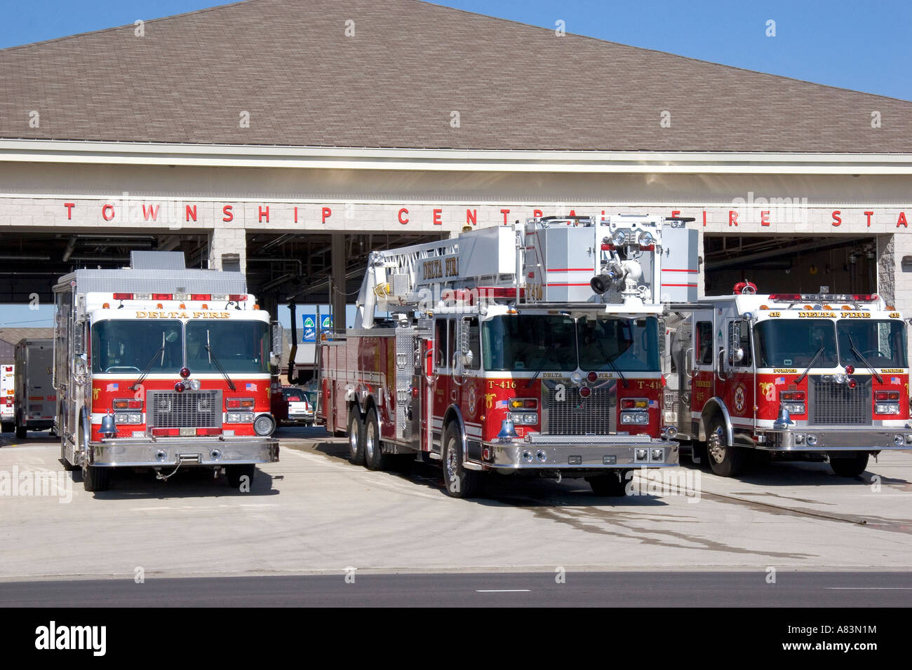 Fire trucks at Delta Township fire station near Lansing Michigan Stock ...