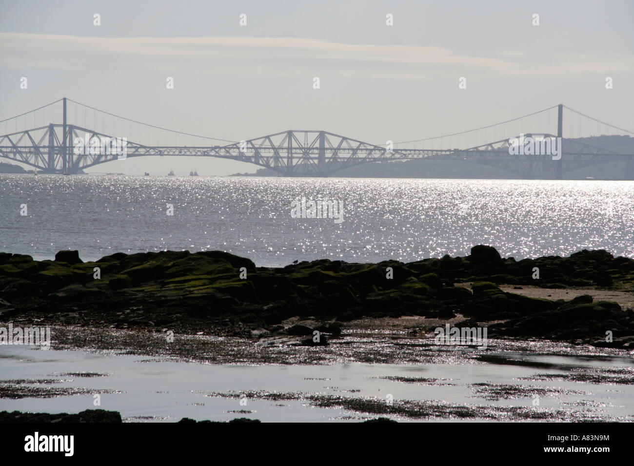 forth estuary view forth road and railways bridges on horizon scotland ...