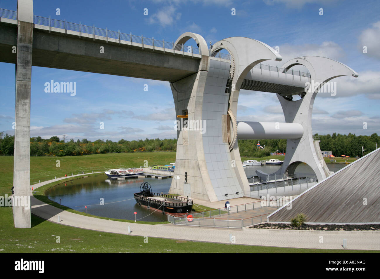 Falkirk Wheel a rotating boat lift joining Forth and Clyde canal with ...