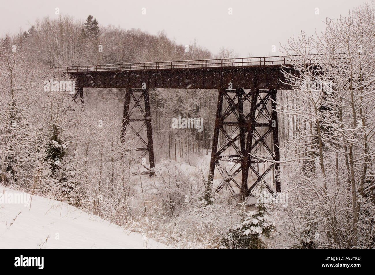 A train bridge in snowfall along the north shore of Lake Superior ...