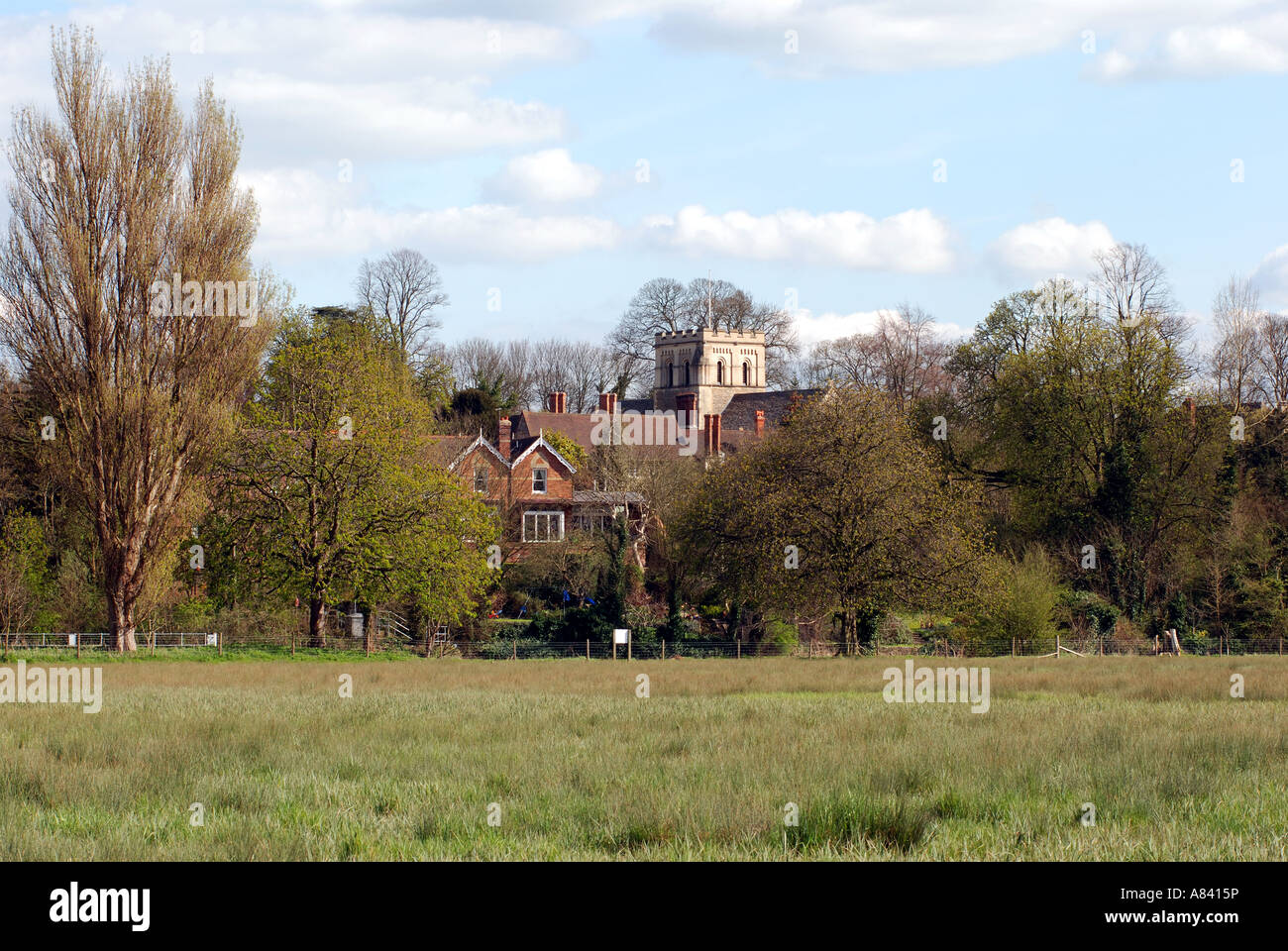 View towards St. Mary`s Church, Iffley, from Iffley Meadows, Oxford ...