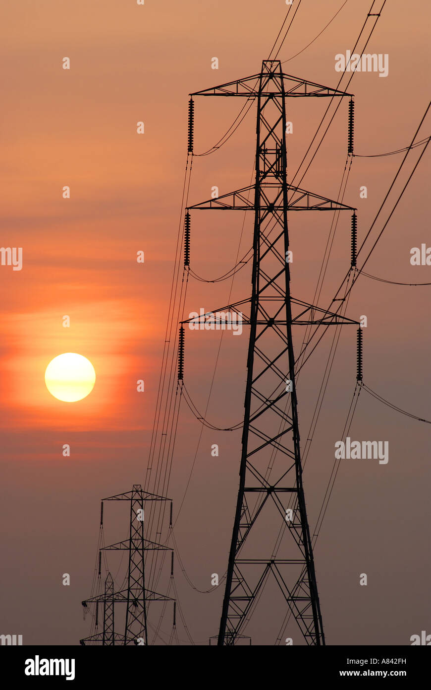 Electricity pylons at sunset, UK Stock Photo - Alamy