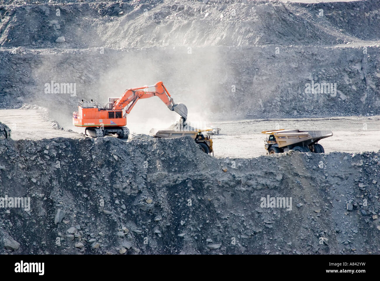 Excavator and dump trucks working at Frasers Pit open cast gold mine in ...