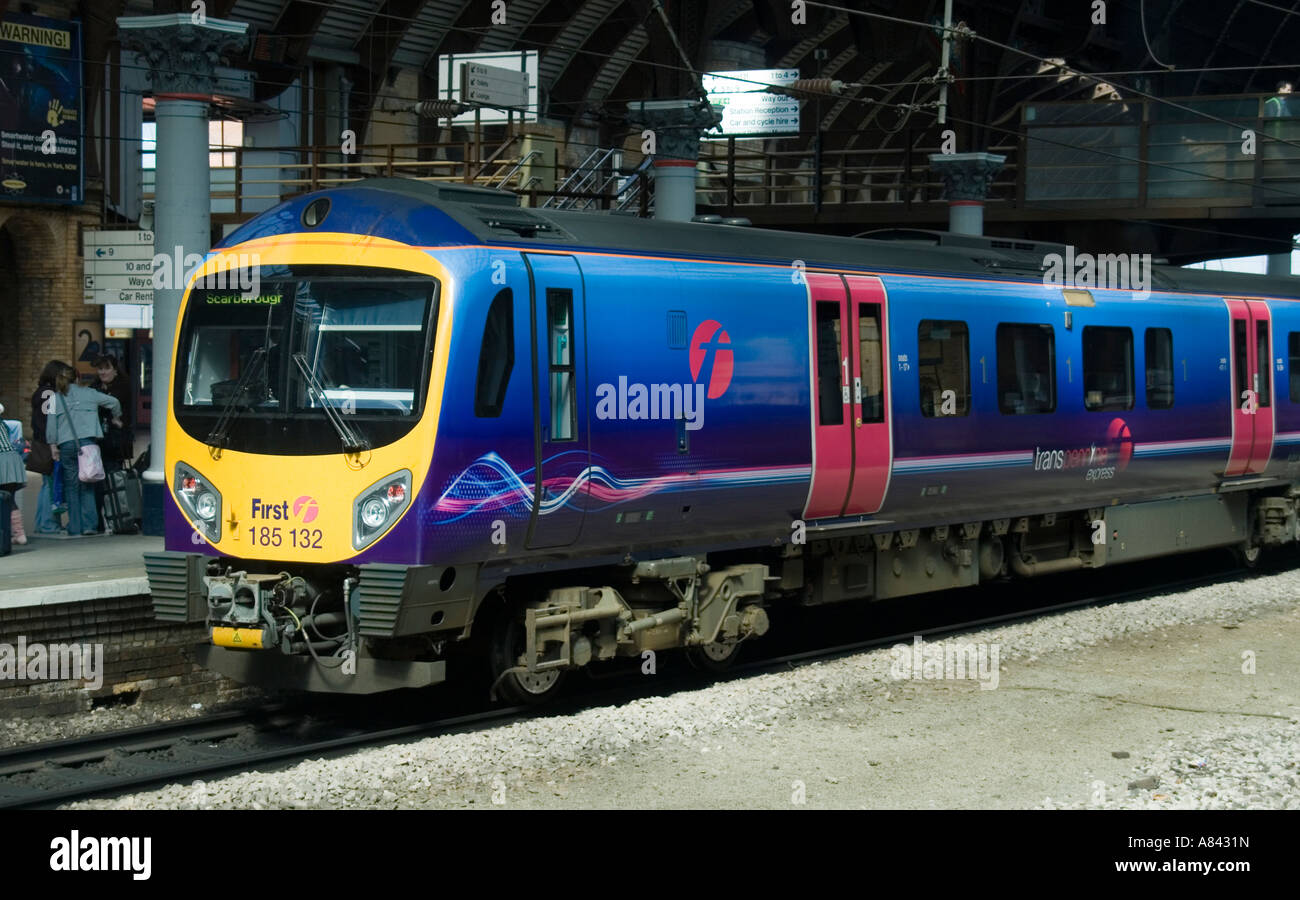 A class 185 dmu train in First Group livery waits at York station ...