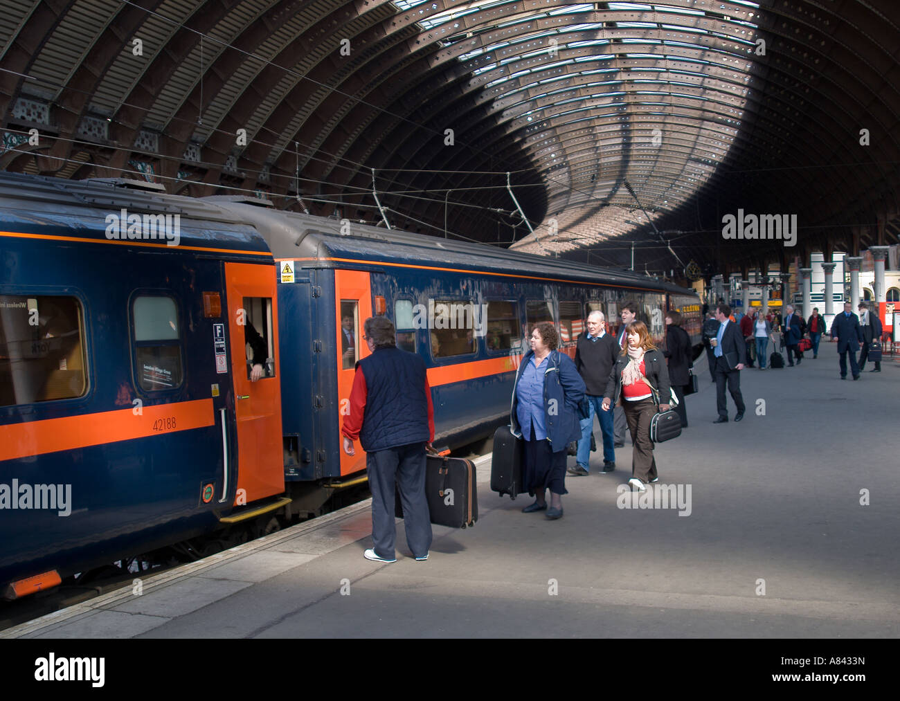Passengers boarding a GNER class 225 high speed train in York railway ...