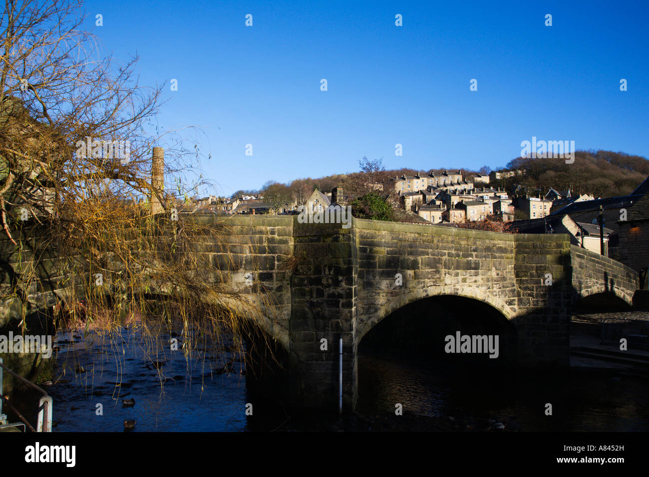 The Old Packhorse Bridge over Hebden Water built c1510 in Hebden Bridge ...